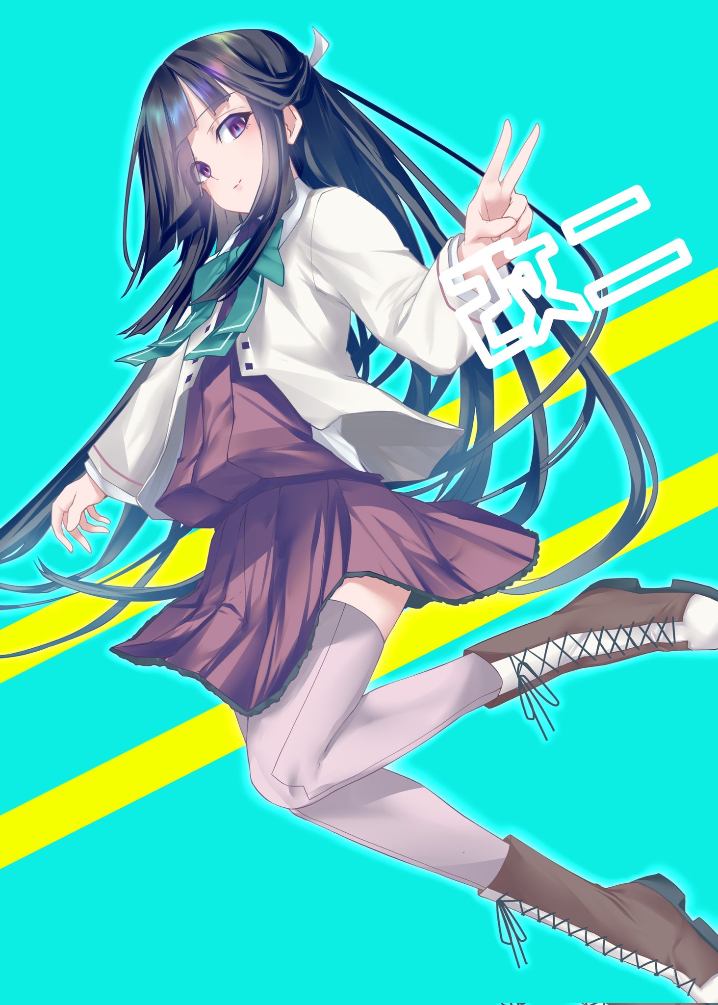 The Big ImageBoard (TBIB) - 001machi 1girl aqua background aqua bow aqua bowtie black hair ...