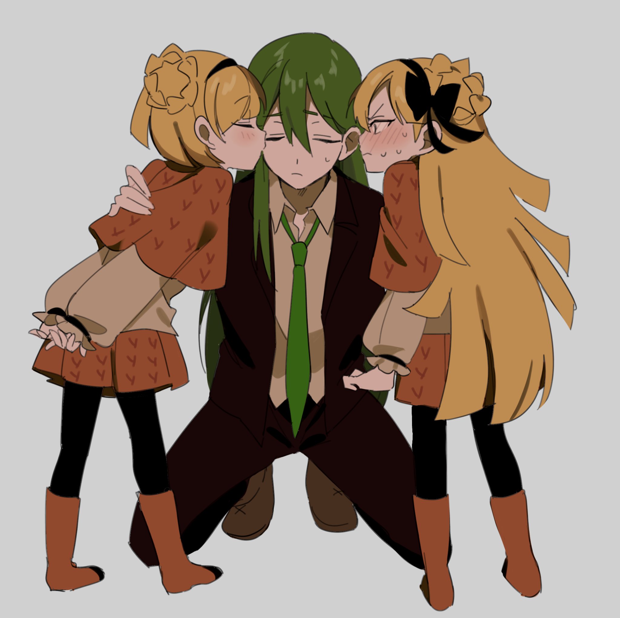 The Big ImageBoard (TBIB) - 1girl 2boys arms behind back black bow black hairband black jacket ...