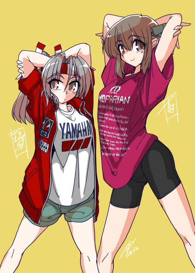The Big ImageBoard (TBIB) - 2girls alternate costume arms behind head arms up bangs bike shorts ...