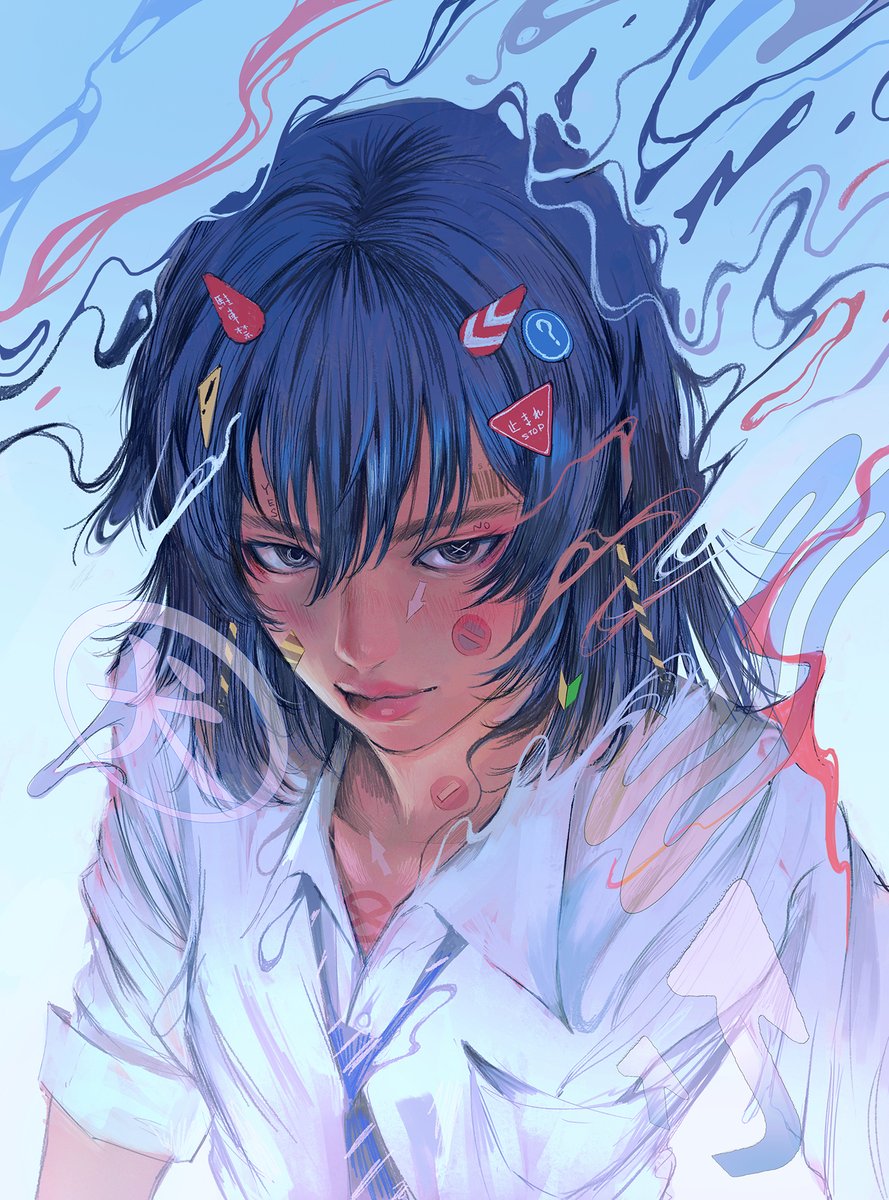 The Big ImageBoard (TBIB) - 1girl black eyes blue hair blue necktie bob cut closed mouth ...