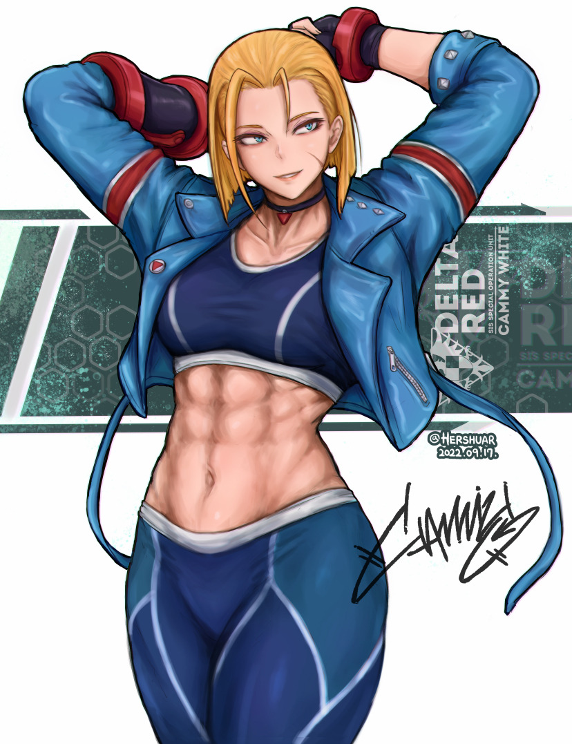 The Big ImageBoard (TBIB) - 1girl abs arms up blonde hair blue eyes blue jacket blue pants blue ...