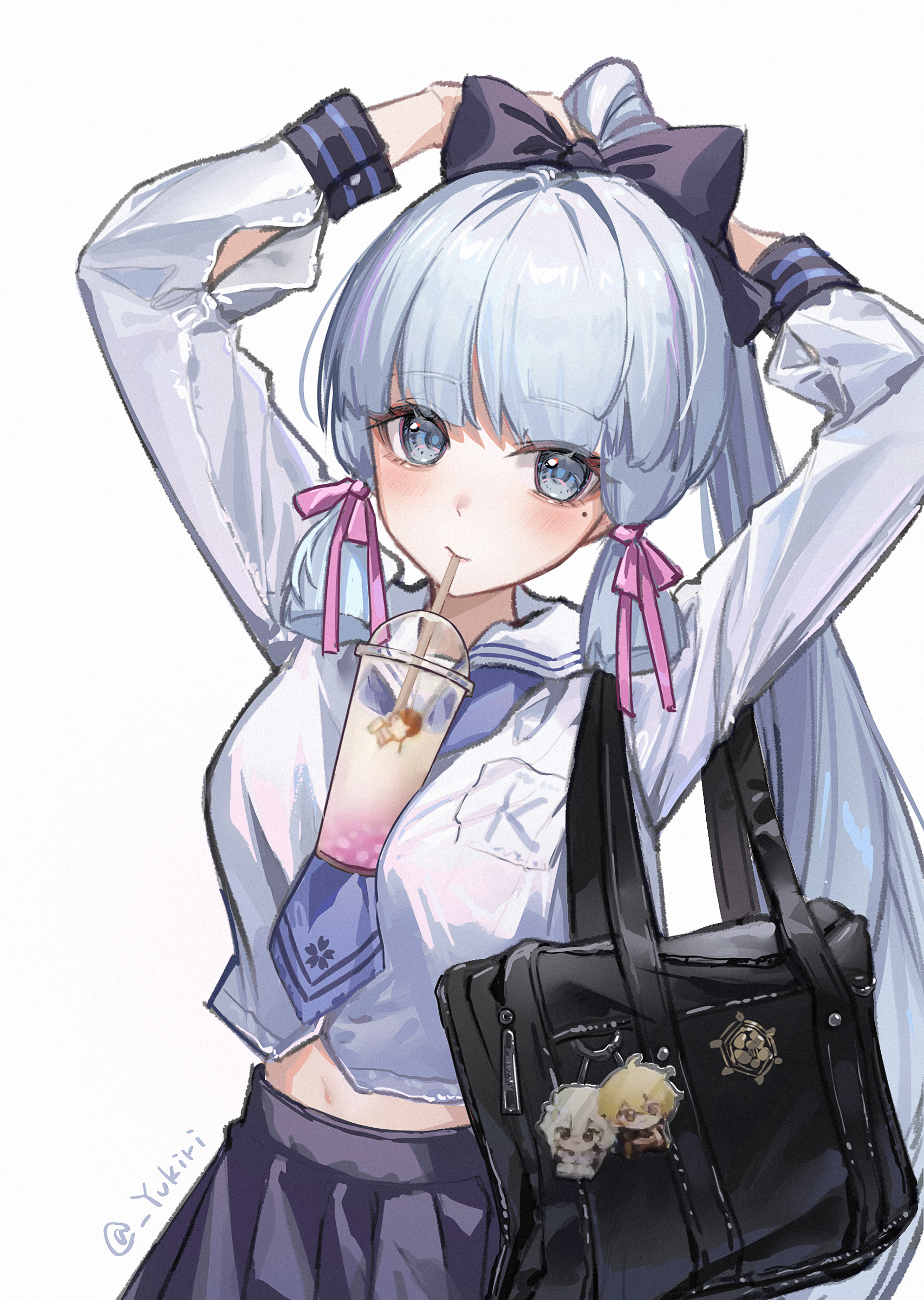 The Big ImageBoard (TBIB) - 1girl absurdres aether (genshin impact) arms up bag between breasts ...