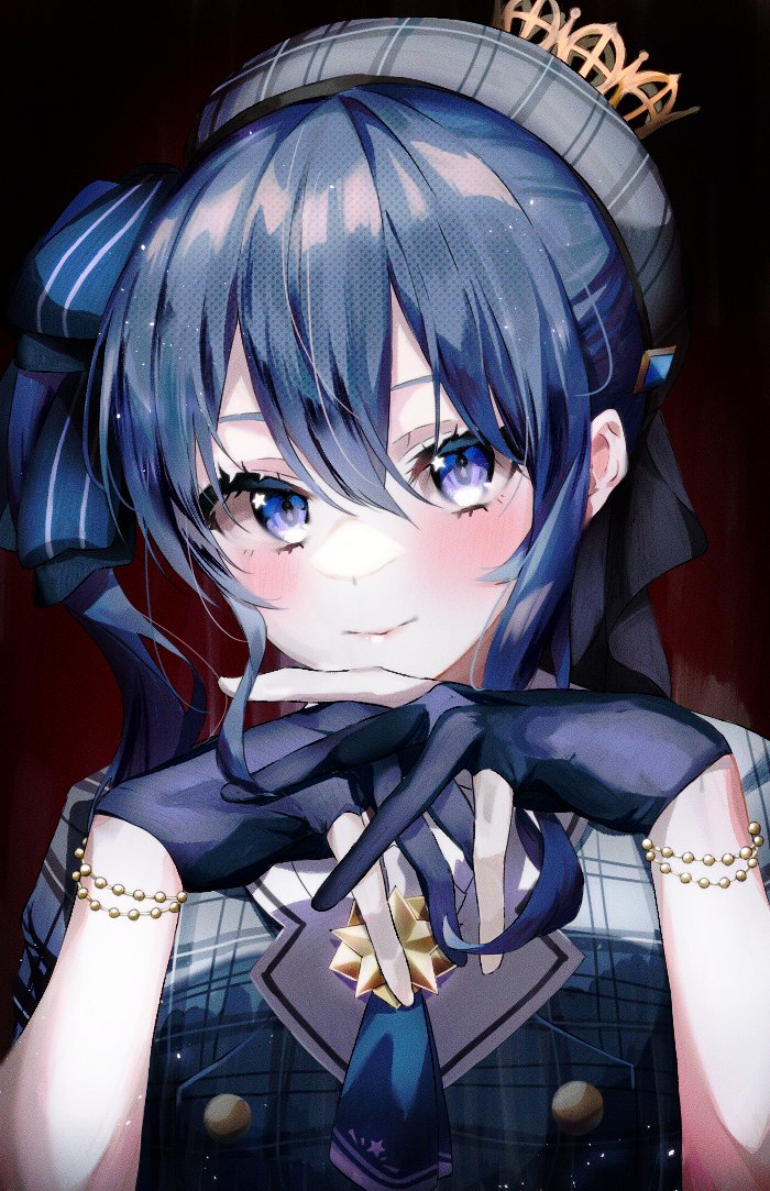 The Big ImageBoard (TBIB) - 1girl ascot bangs beret black background blue ascot blue eyes blue ...