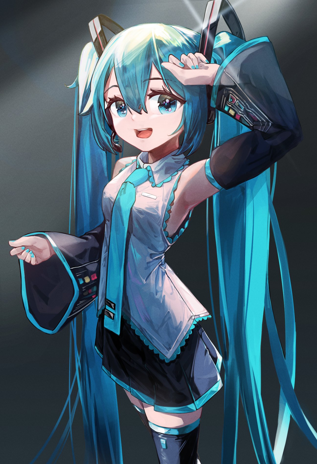 The Big ImageBoard (TBIB) - 1girl :d aqua eyes aqua hair aqua nails aqua necktie arm up bare ...