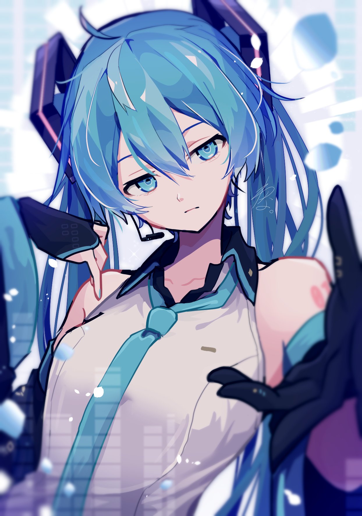 The Big ImageBoard (TBIB) - 1girl aqua eyes aqua hair bare shoulders black gloves black sleeves ...