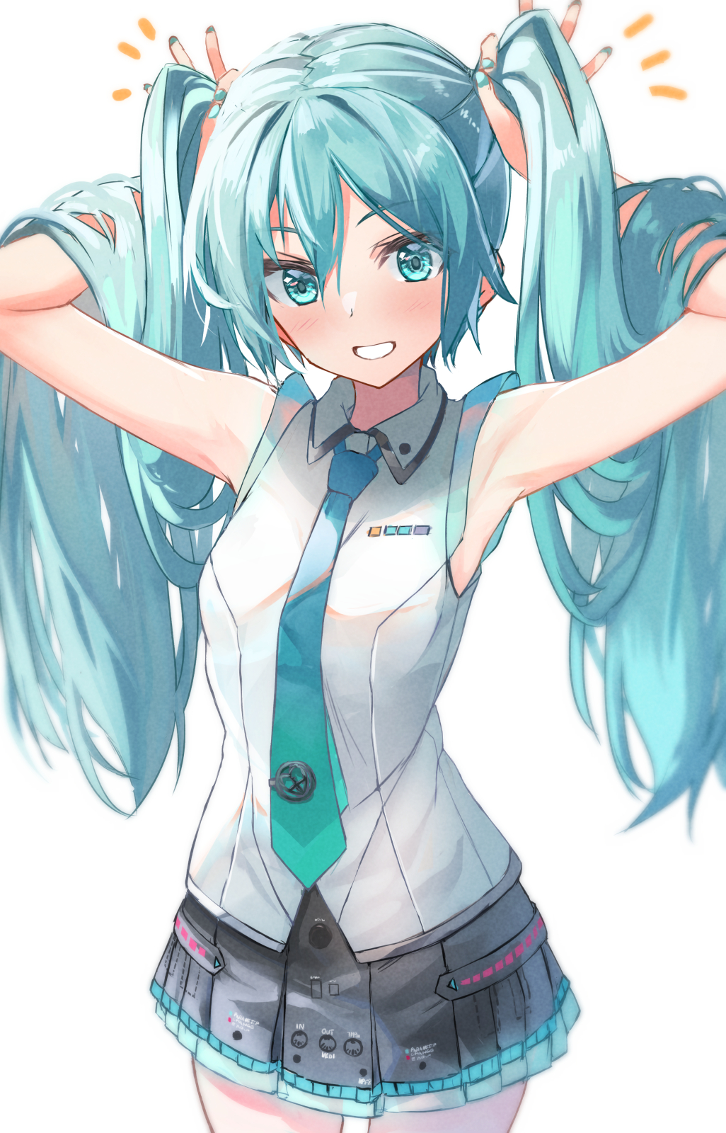 The Big ImageBoard (TBIB) - 1girl aqua eyes aqua hair aqua nails aqua necktie armpits bare arms ...