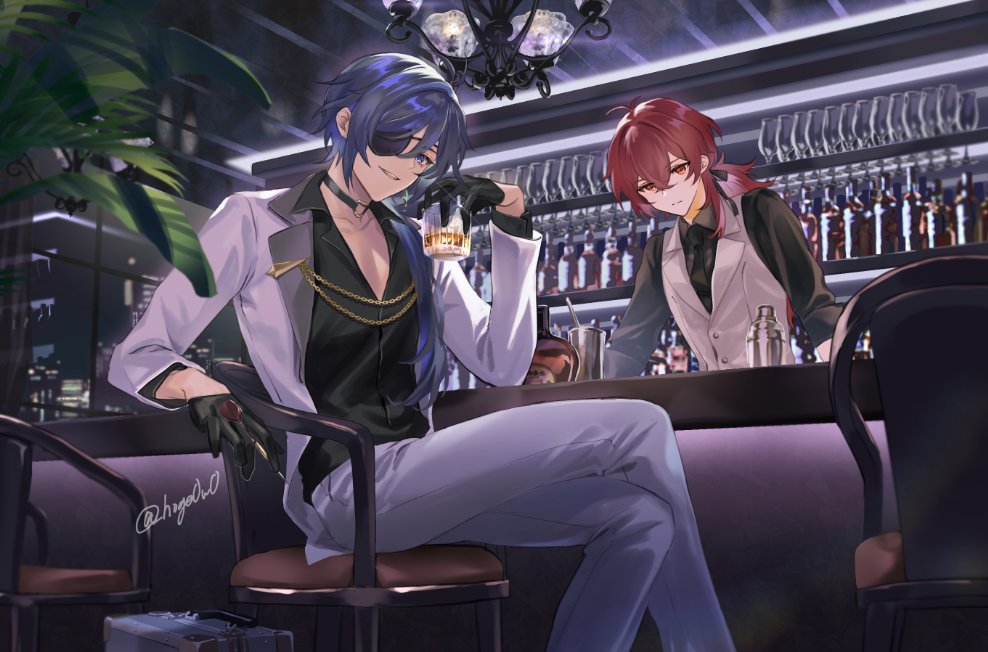 The Big ImageBoard (TBIB) - 2boys alcohol alternate costume antenna hair artist name bangs bar ...