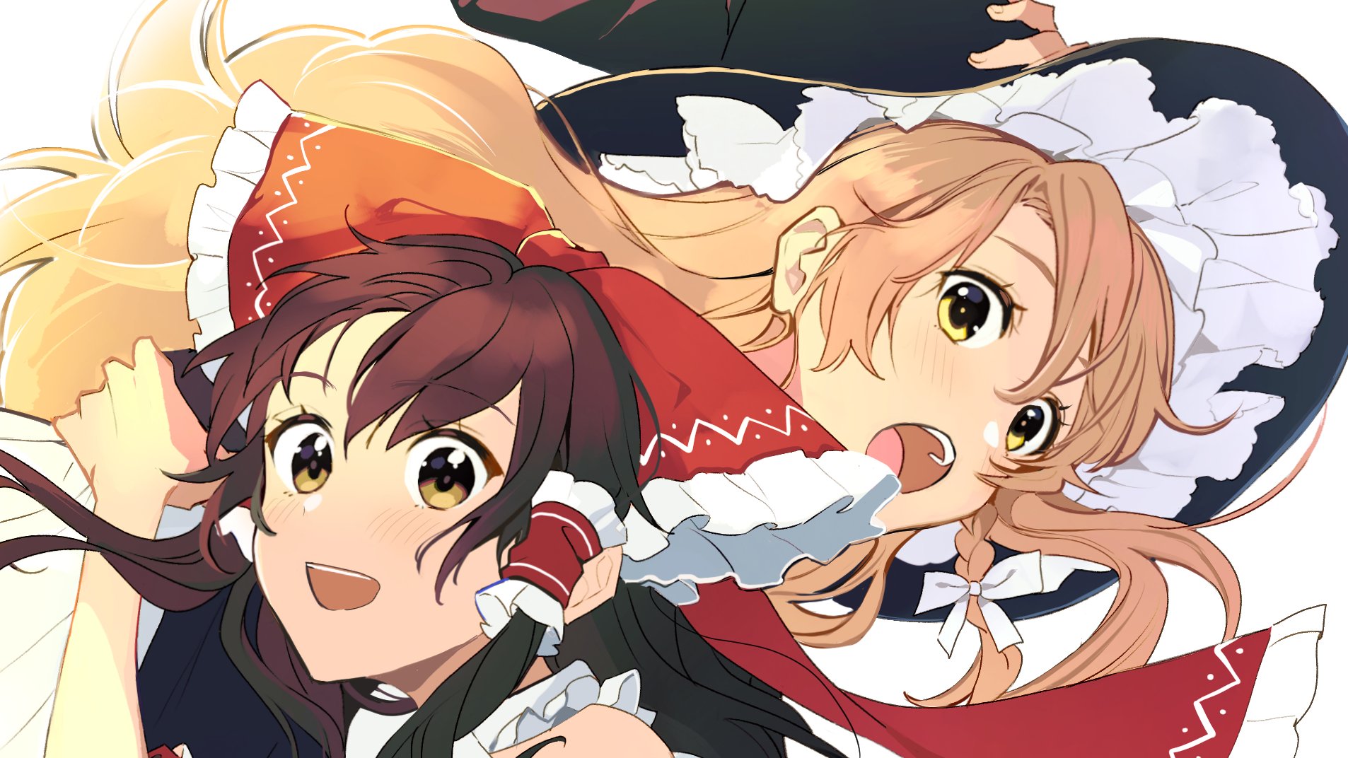 The Big ImageBoard (TBIB) - 2girls bangs black headwear blonde hair blush bow braid brown eyes ...