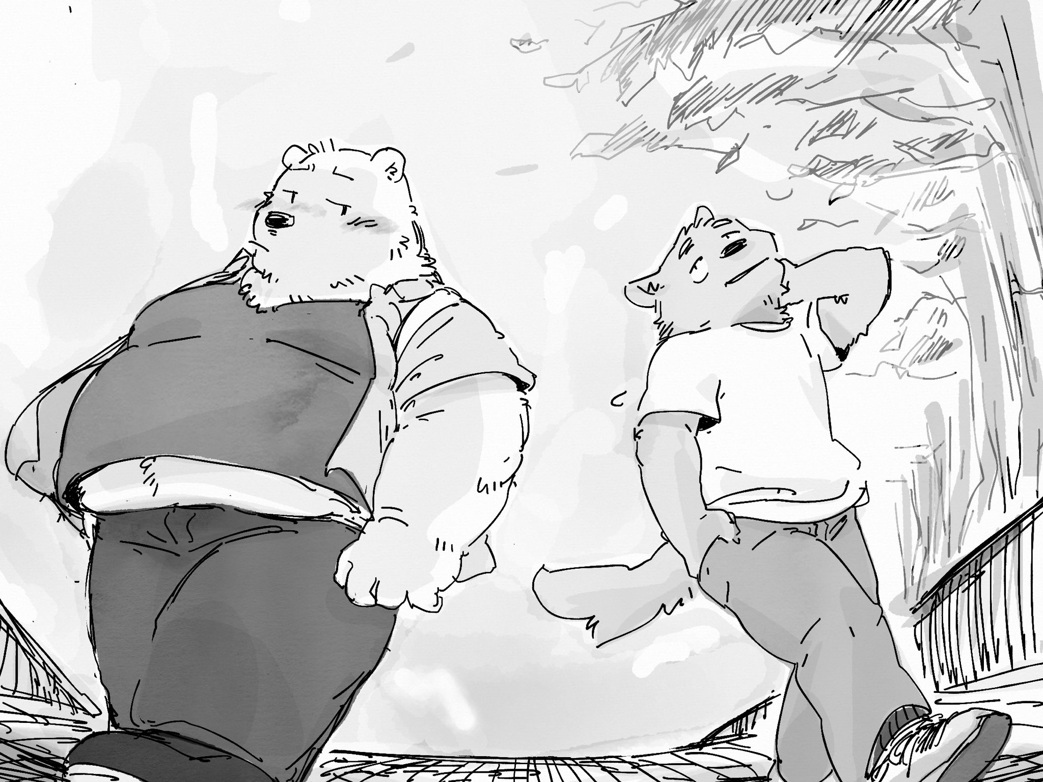 The Big Imageboard Tbib 2022 Anthro Blush Bottomwear Clothing Duo Hi Res Kemono Male Mammal