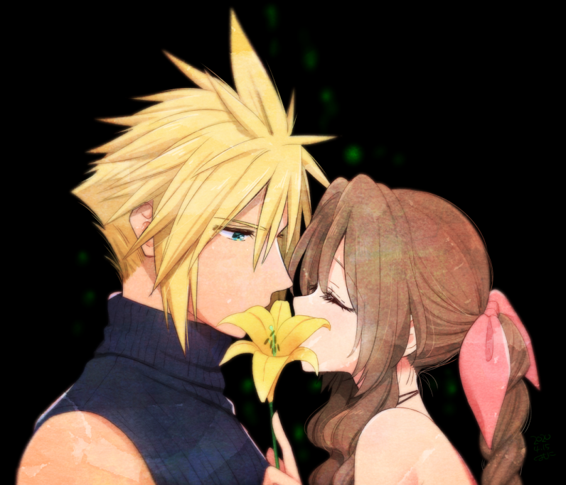 The Big ImageBoard (TBIB) - 1boy 1girl aerith gainsborough bangs black background blonde hair ...