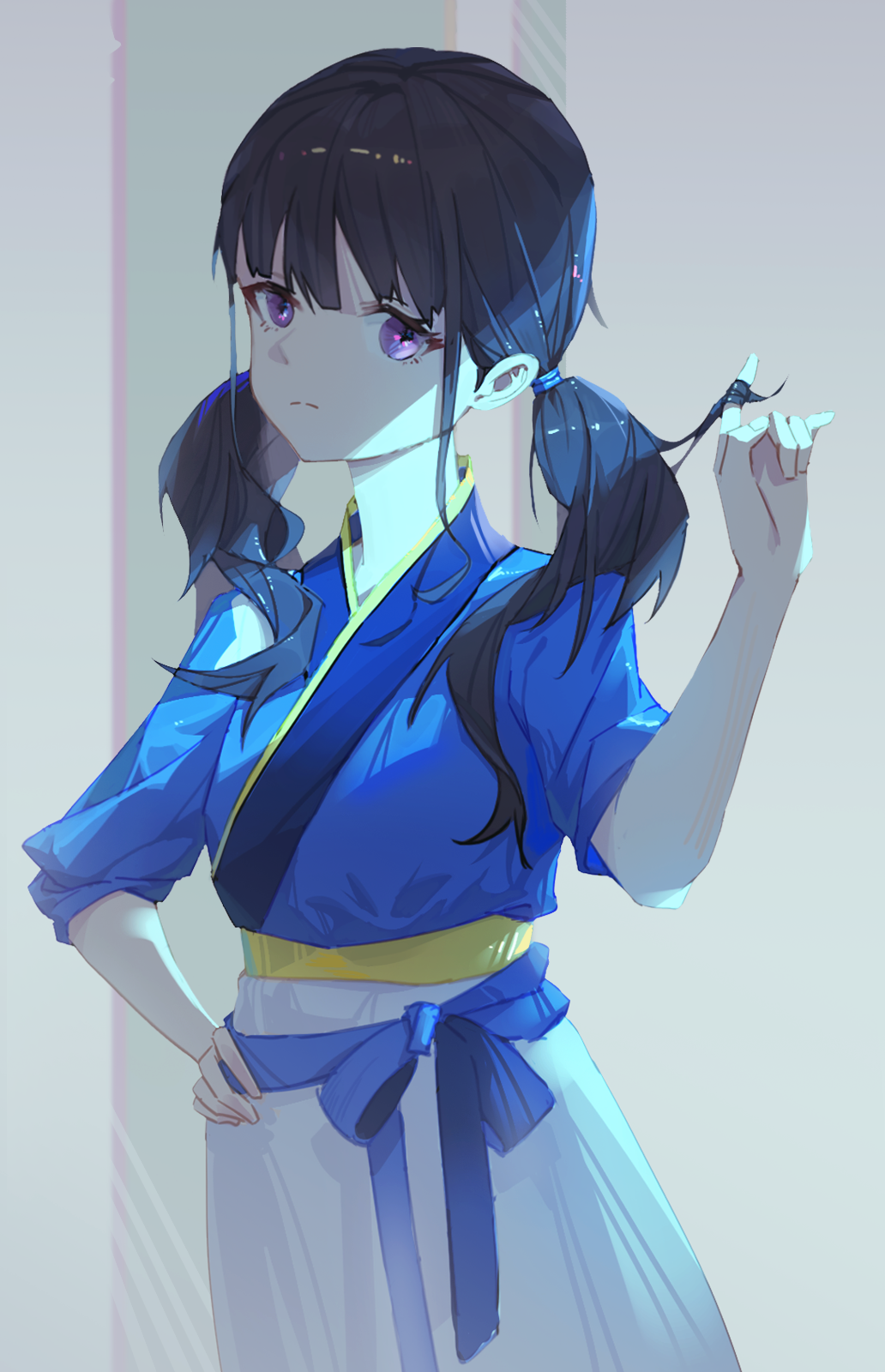 The Big ImageBoard (TBIB) - 1girl black hair blue kimono closed mouth furisode hand on own hip ...