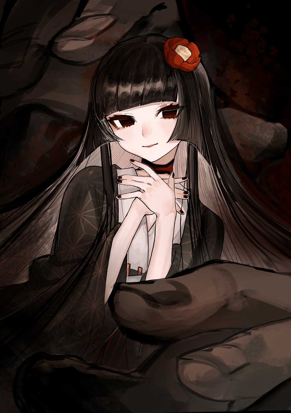 The Big ImageBoard (TBIB) - 1girl asa no ha (pattern) bangs black eyes black hair blunt bangs ...