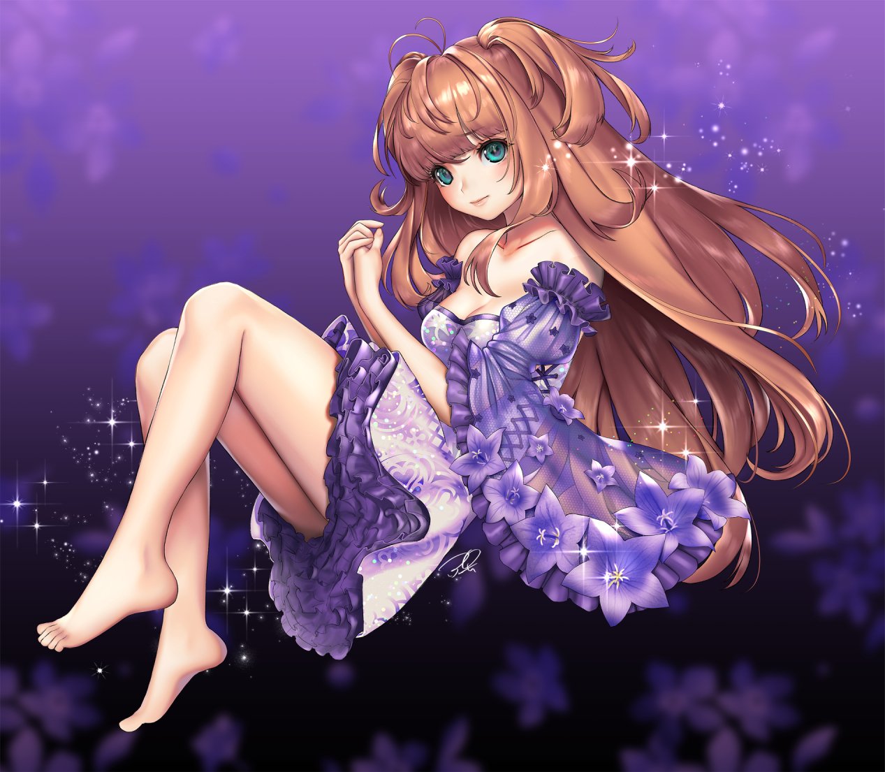 The Big ImageBoard (TBIB) - 1girl bare legs bare shoulders barefoot bellflower black background ...