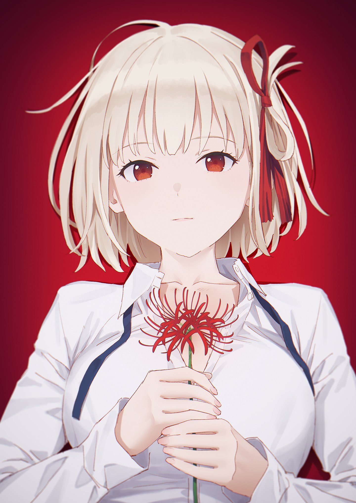 The Big ImageBoard (TBIB) - 1girl bangs blonde hair blue ribbon bob cut breasts closed mouth ...