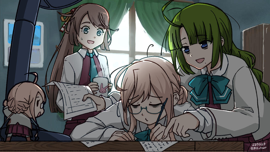 The Big ImageBoard (TBIB) - 4girls aqua bow aqua bowtie blue eyes bow bowtie braid brown hair ...