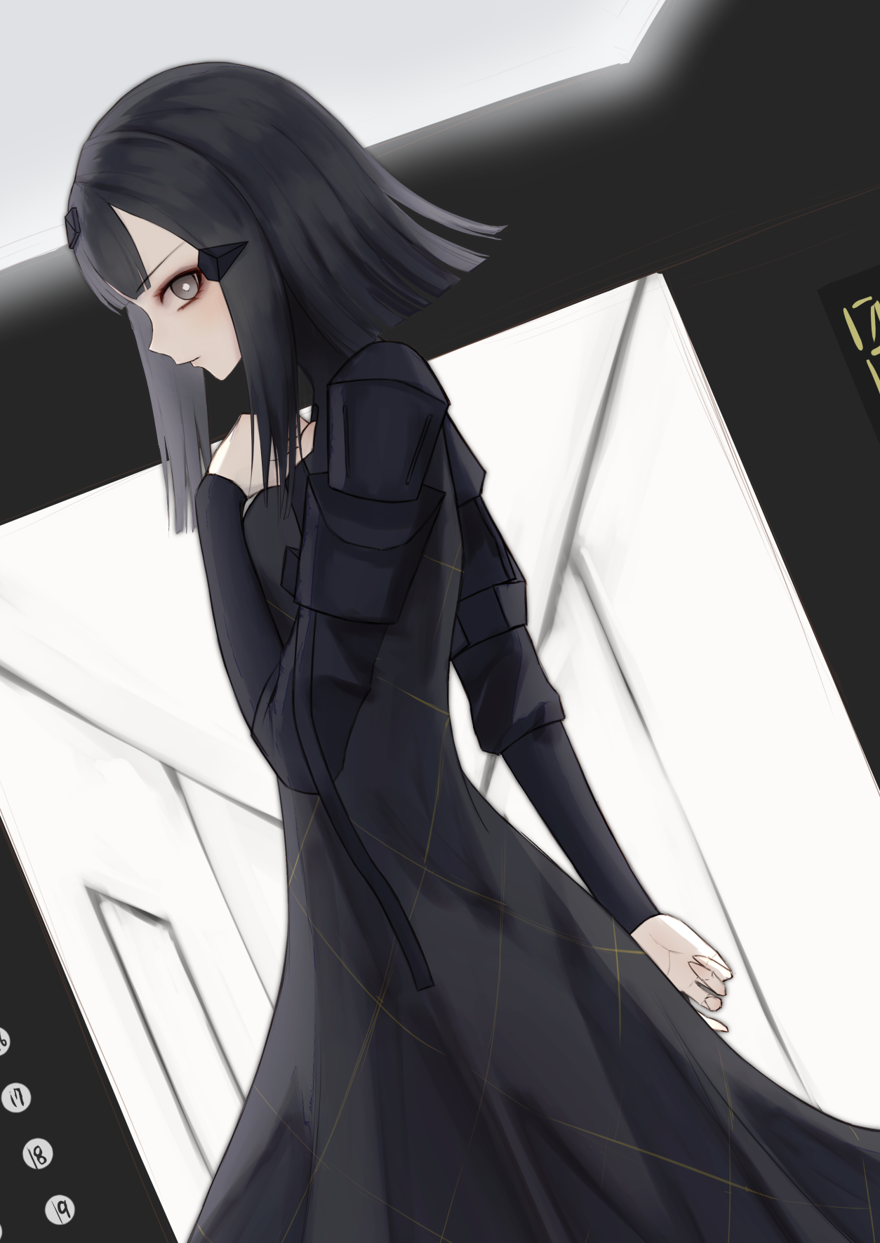 The Big ImageBoard (TBIB) - 1girl bangs black dress black hair closed mouth dress from side ...