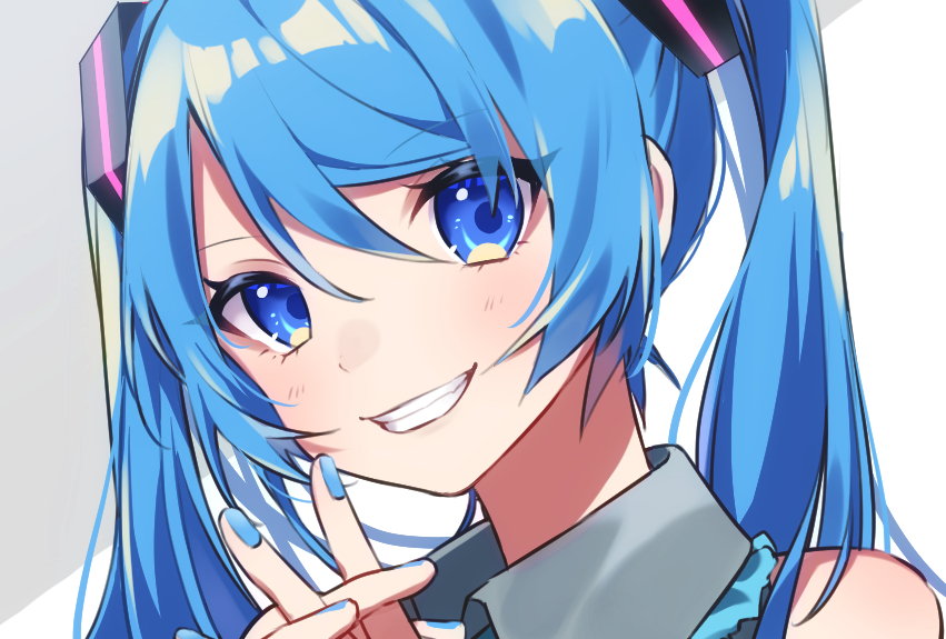 The Big ImageBoard (TBIB) - 1girl bangs blue eyes blue hair blush collared shirt grin hair ...