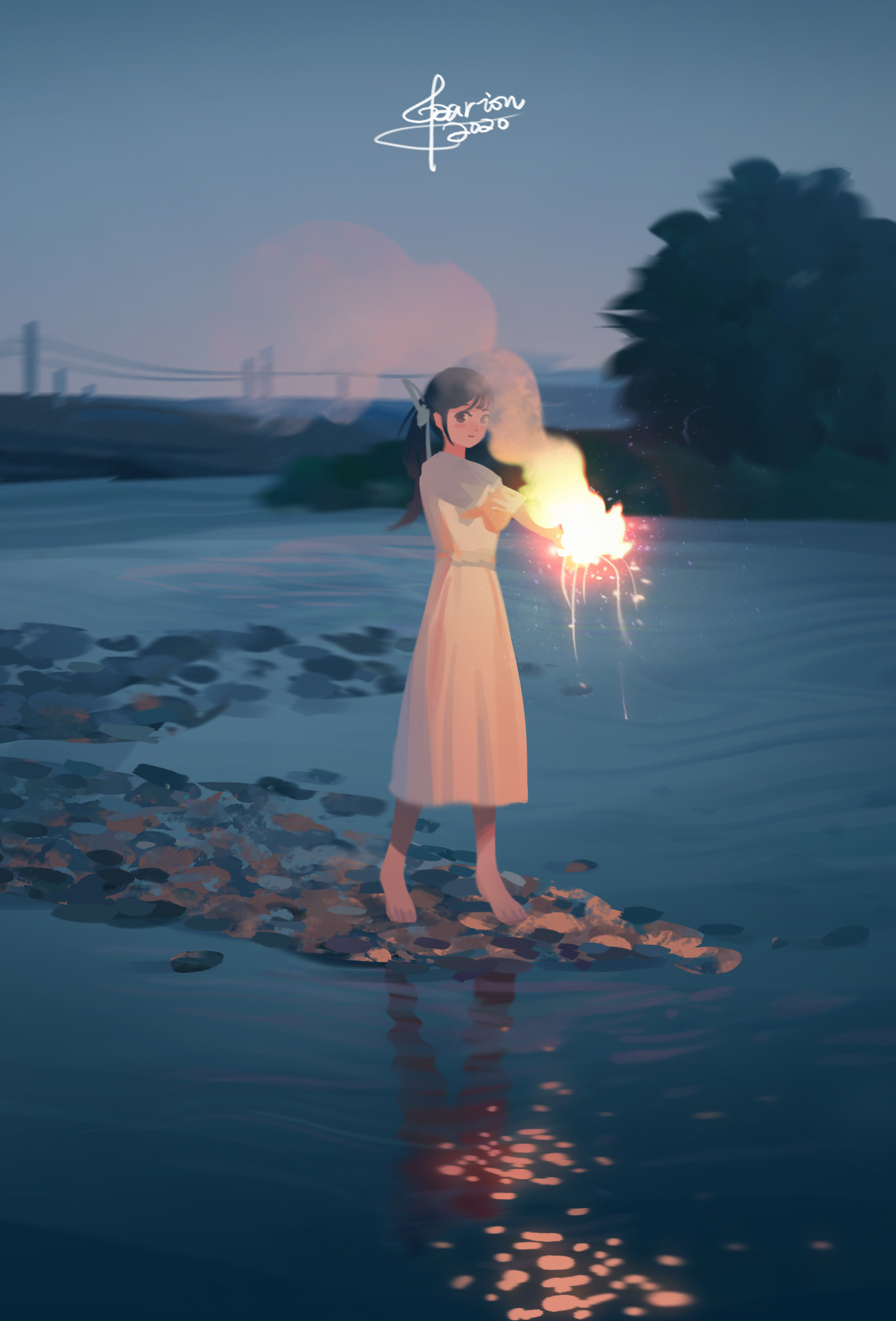 The Big ImageBoard (TBIB) - 1girl artist name barefoot black hair dress dusk fireworks hair ...