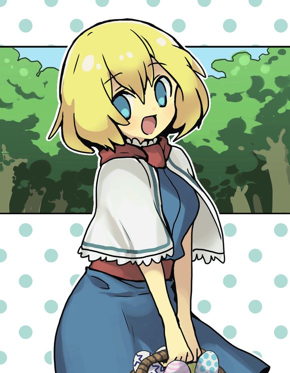 The Big ImageBoard (TBIB) - 1girl :d alice margatroid bangs basket blonde hair blue dress blue ...