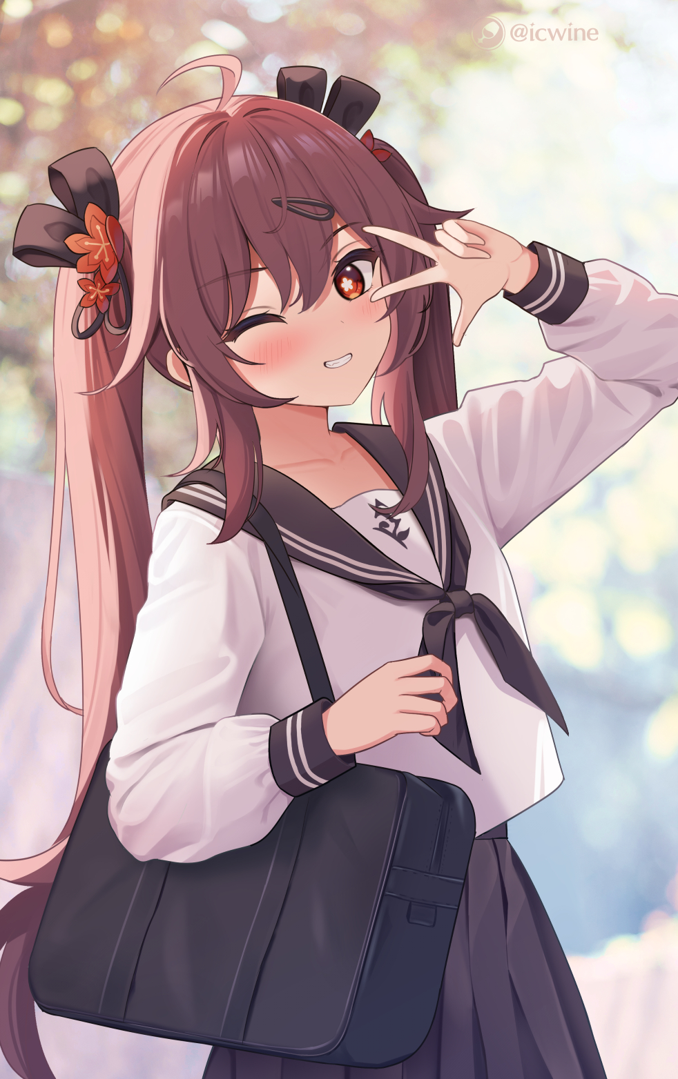 The Big ImageBoard (TBIB) - 1girl aged down ahoge alternate costume arm up artist logo bag bangs ...