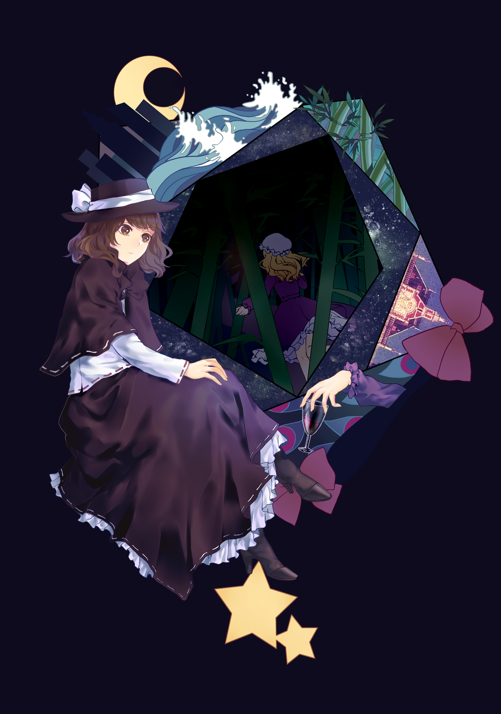 The Big ImageBoard (TBIB) - 2girls bamboo black capelet black footwear black headwear black ...