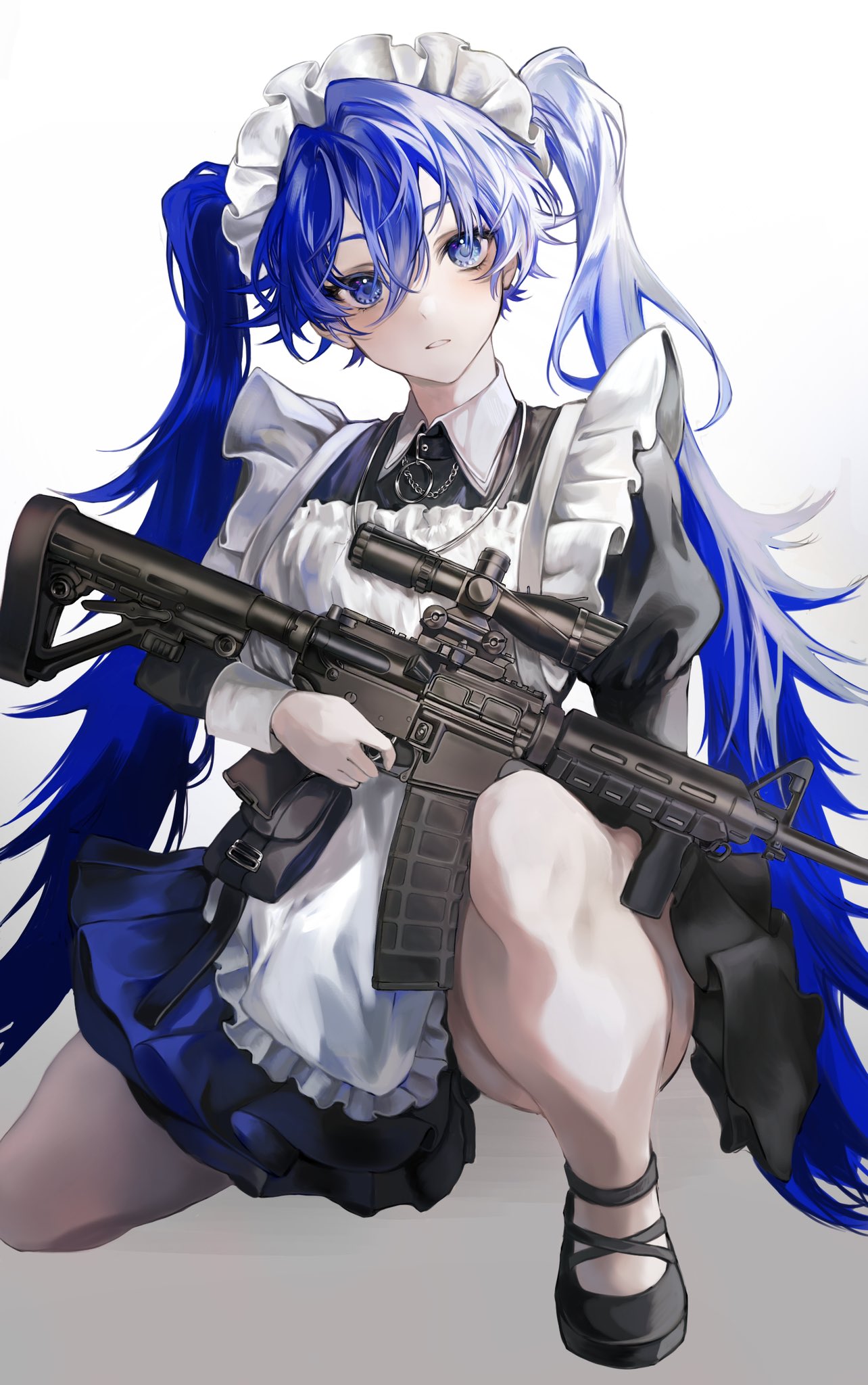 The Big ImageBoard (TBIB) - 1girl apron assault rifle black dress blue eyes blue hair blush ...