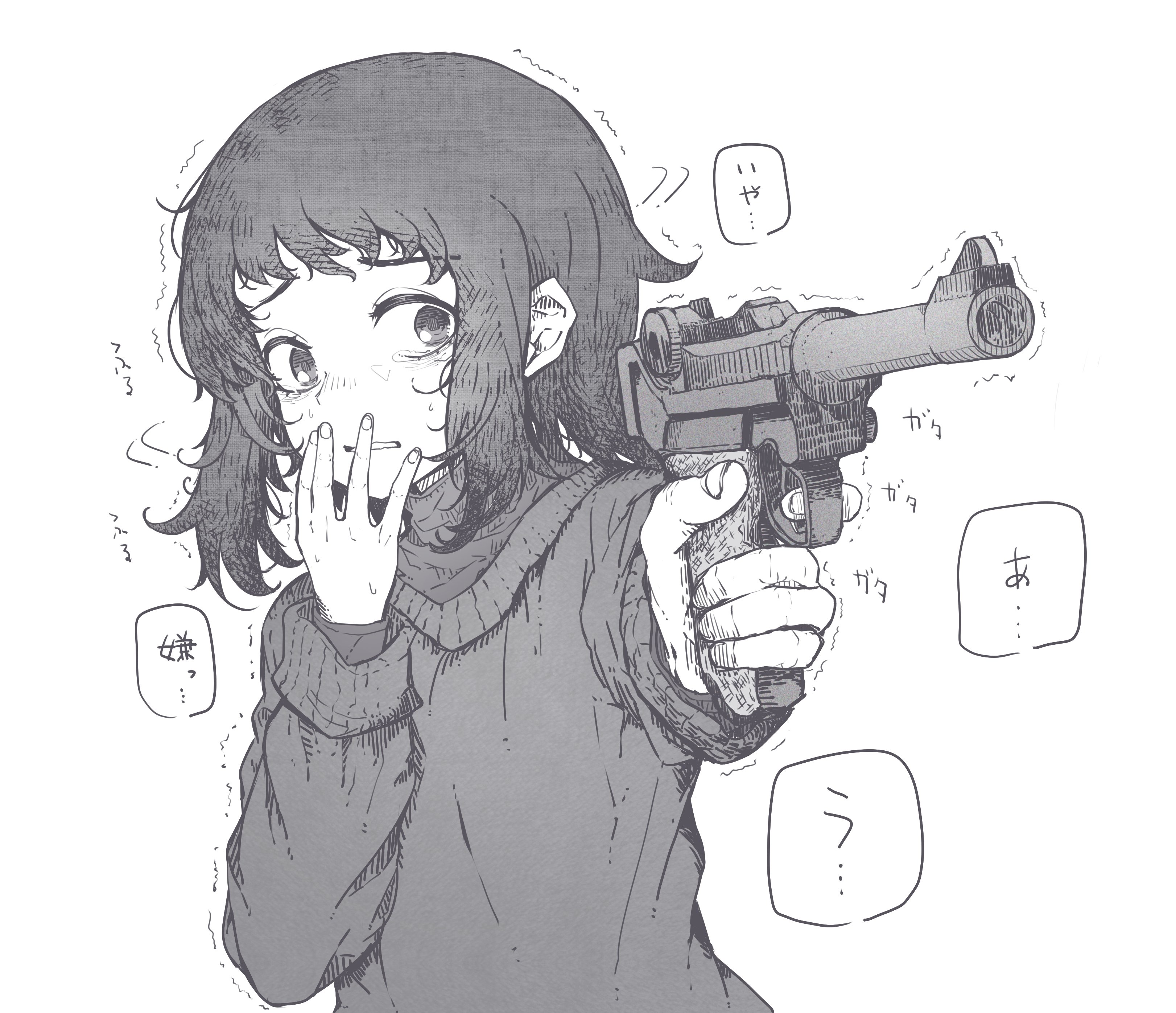 The Big ImageBoard (TBIB) - 1girl absurdres bangs finger on trigger greyscale gun hand to own ...