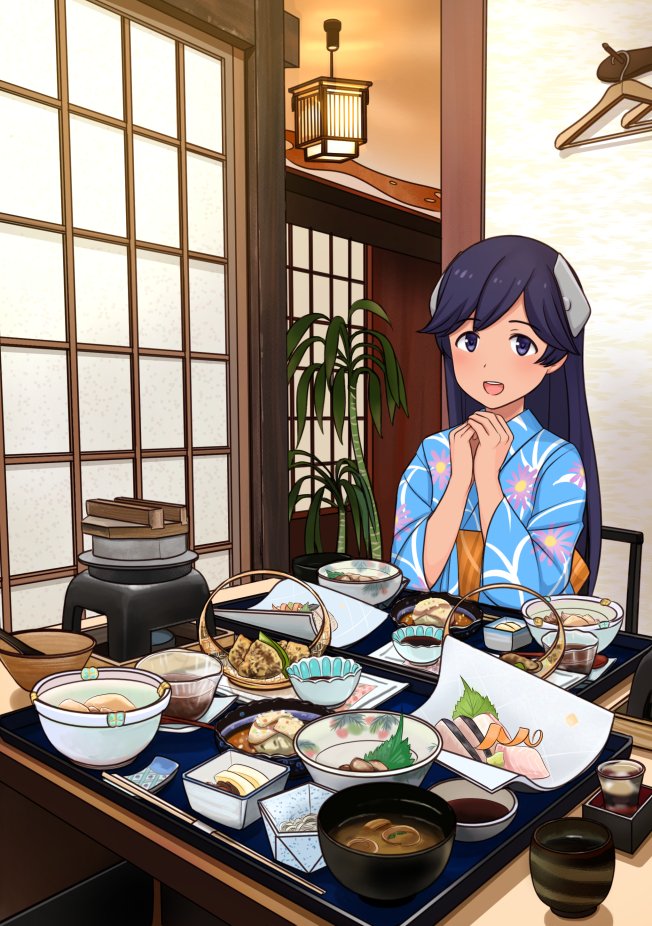 The Big ImageBoard (TBIB) - 1girl black eyes black hair blue kimono commentary request food ...