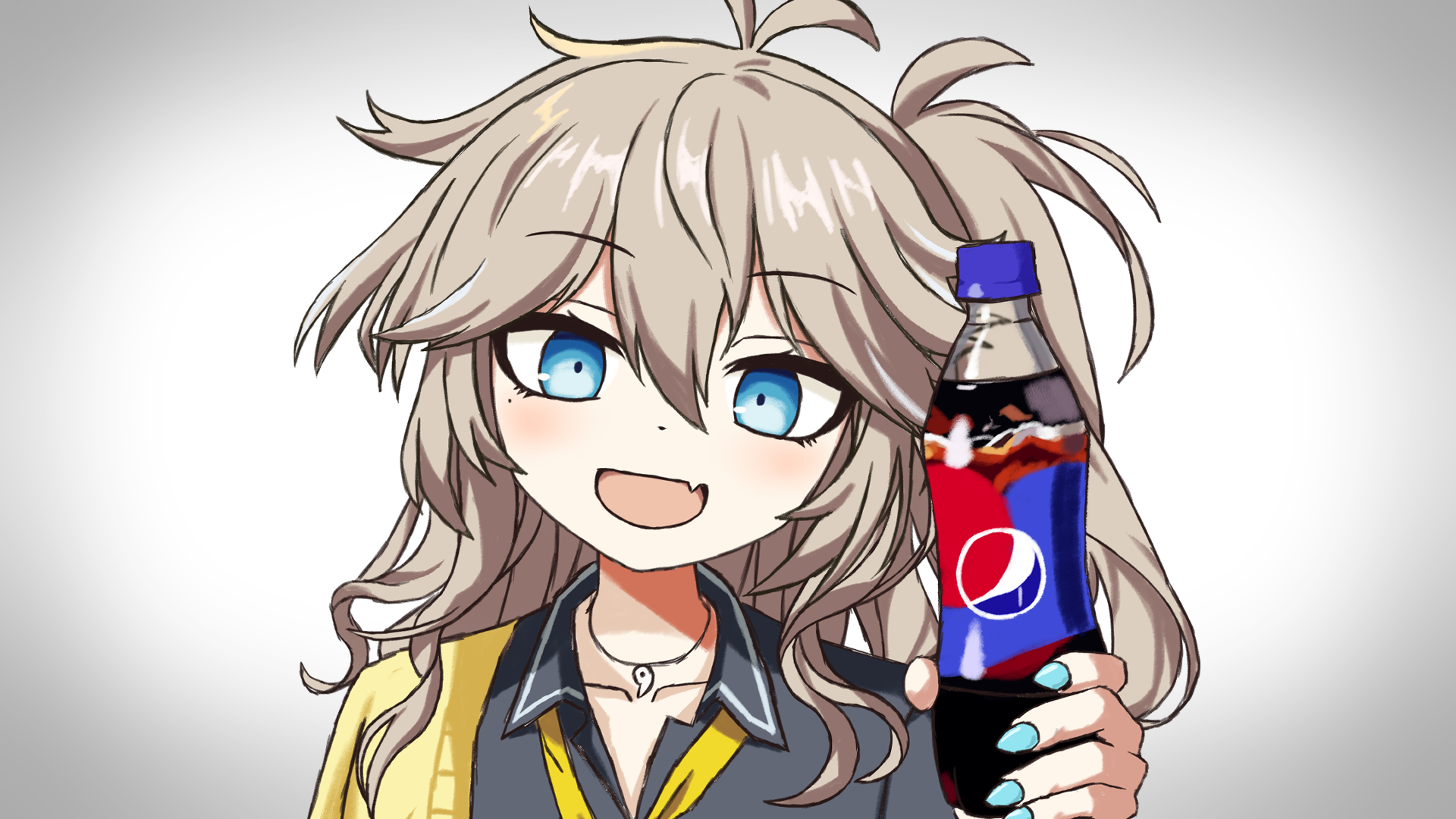 The Big ImageBoard (TBIB) - 1girl :d antenna hair blonde hair blue eyes bottle fang gyaru ...