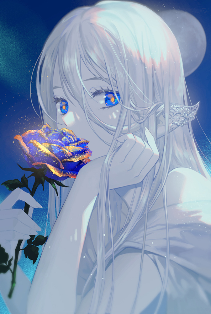 The Big ImageBoard (TBIB) - 1girl blue background blue eyes blue flower blue rose blurry ...