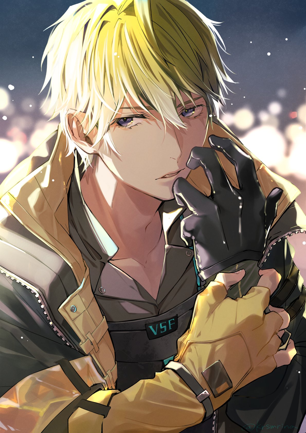 The Big ImageBoard (TBIB) - 1boy asymmetrical gloves bangs black gloves black jacket blonde hair ...