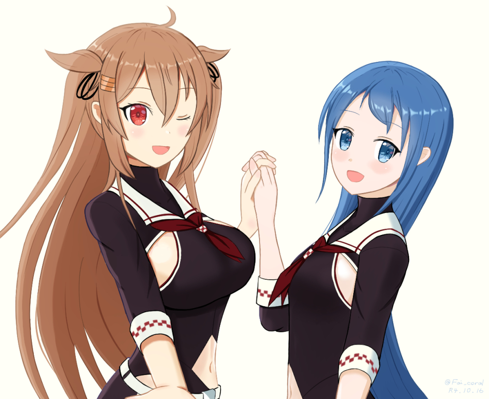 The Big ImageBoard (TBIB) - 2girls blue eyes blue hair breasts brown hair commentary request ...