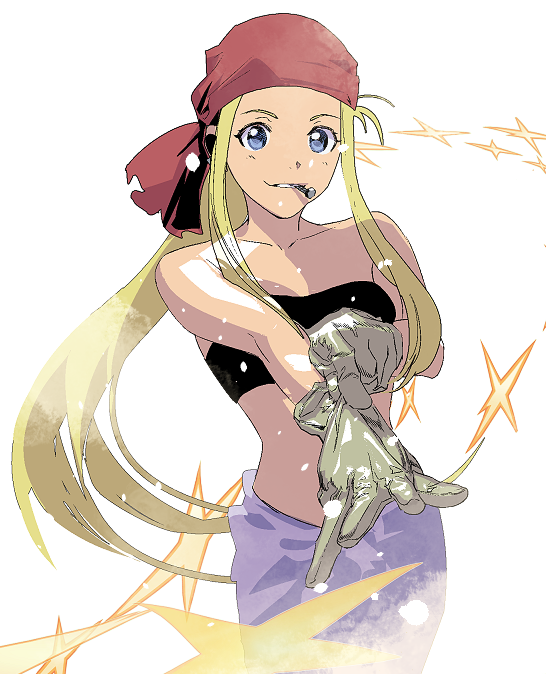 The Big ImageBoard (TBIB) - 1girl adjusting clothes adjusting gloves bandana bare shoulders ...