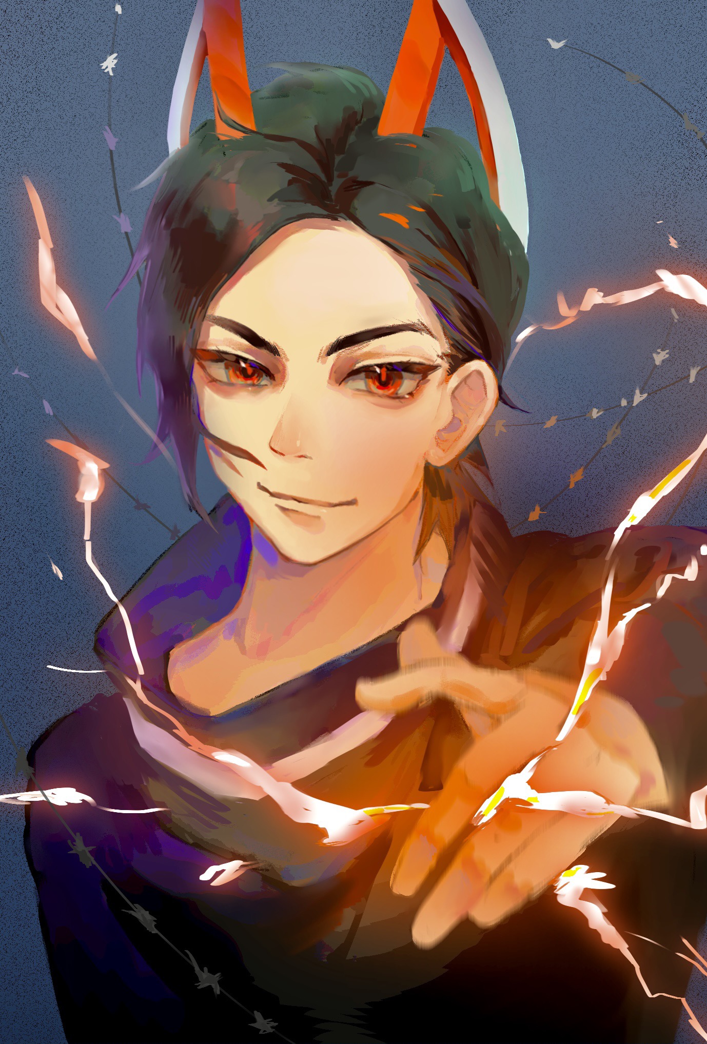 The Big ImageBoard (TBIB) - 1boy animal ears backlighting black hair black shirt blue background ...