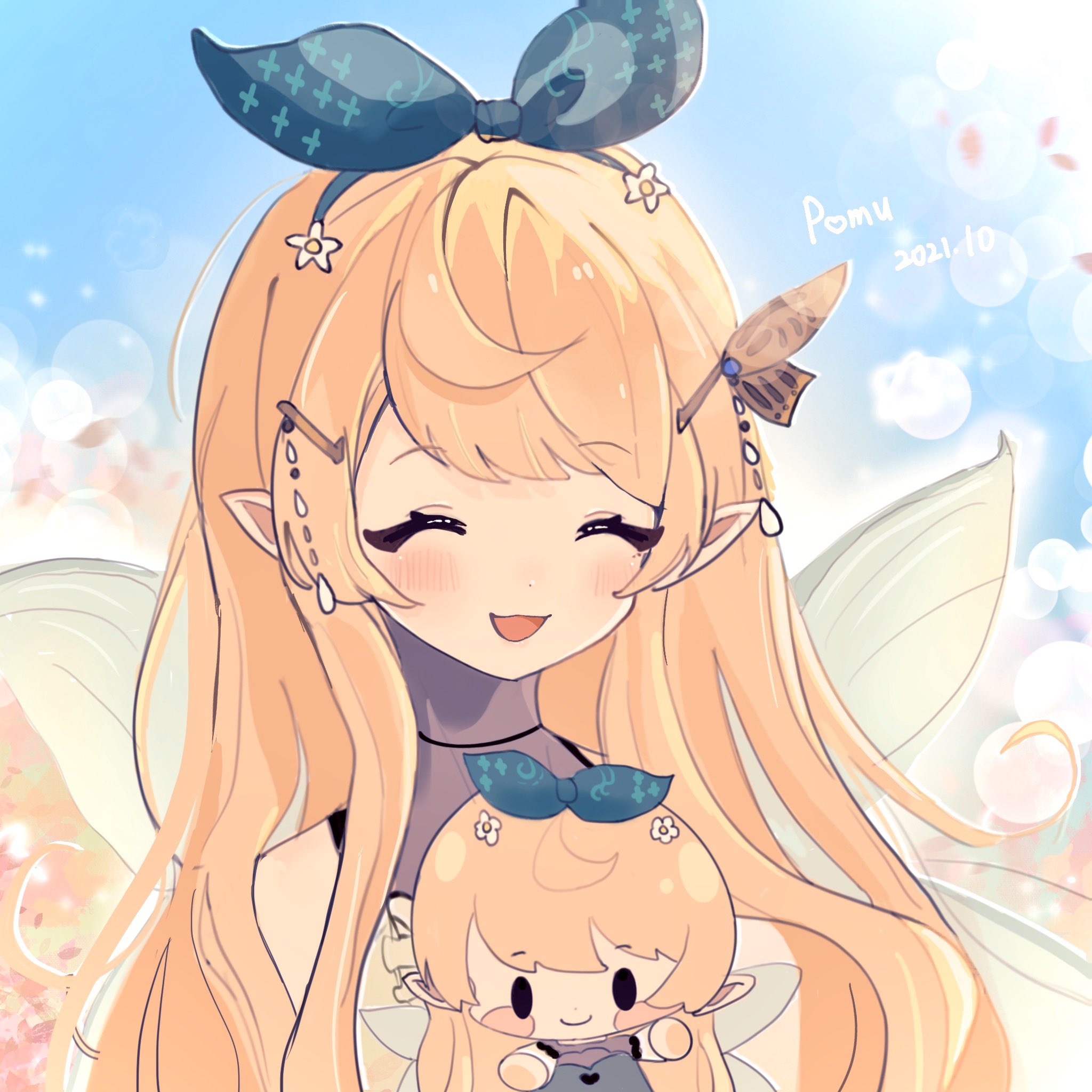 The Big ImageBoard (TBIB) - 1girl blonde hair blue sky blush blush stickers bow butterfly hair ...