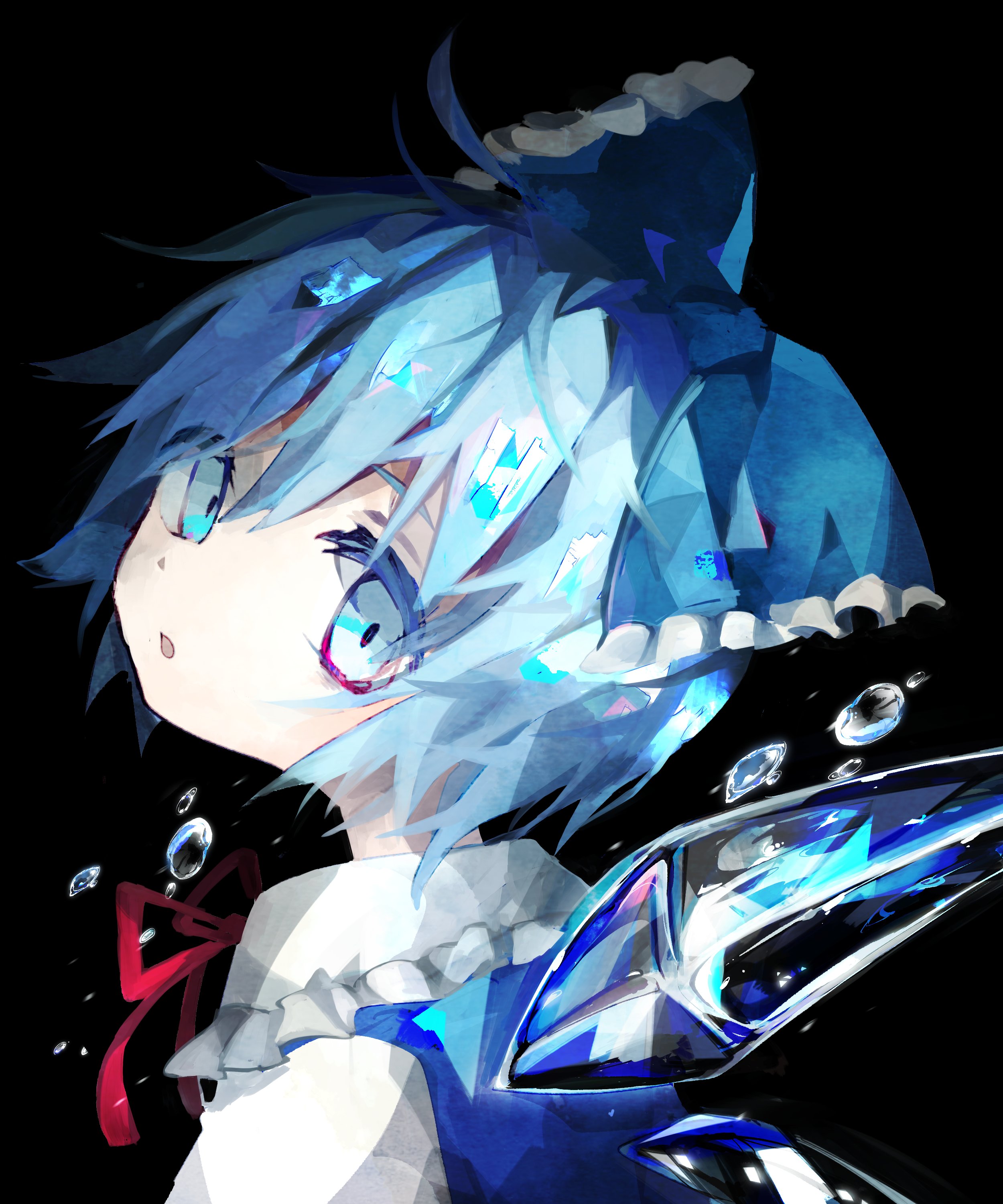 The Big ImageBoard (TBIB) - 1girl :o absurdres black background blue bow blue eyes blue hair ...