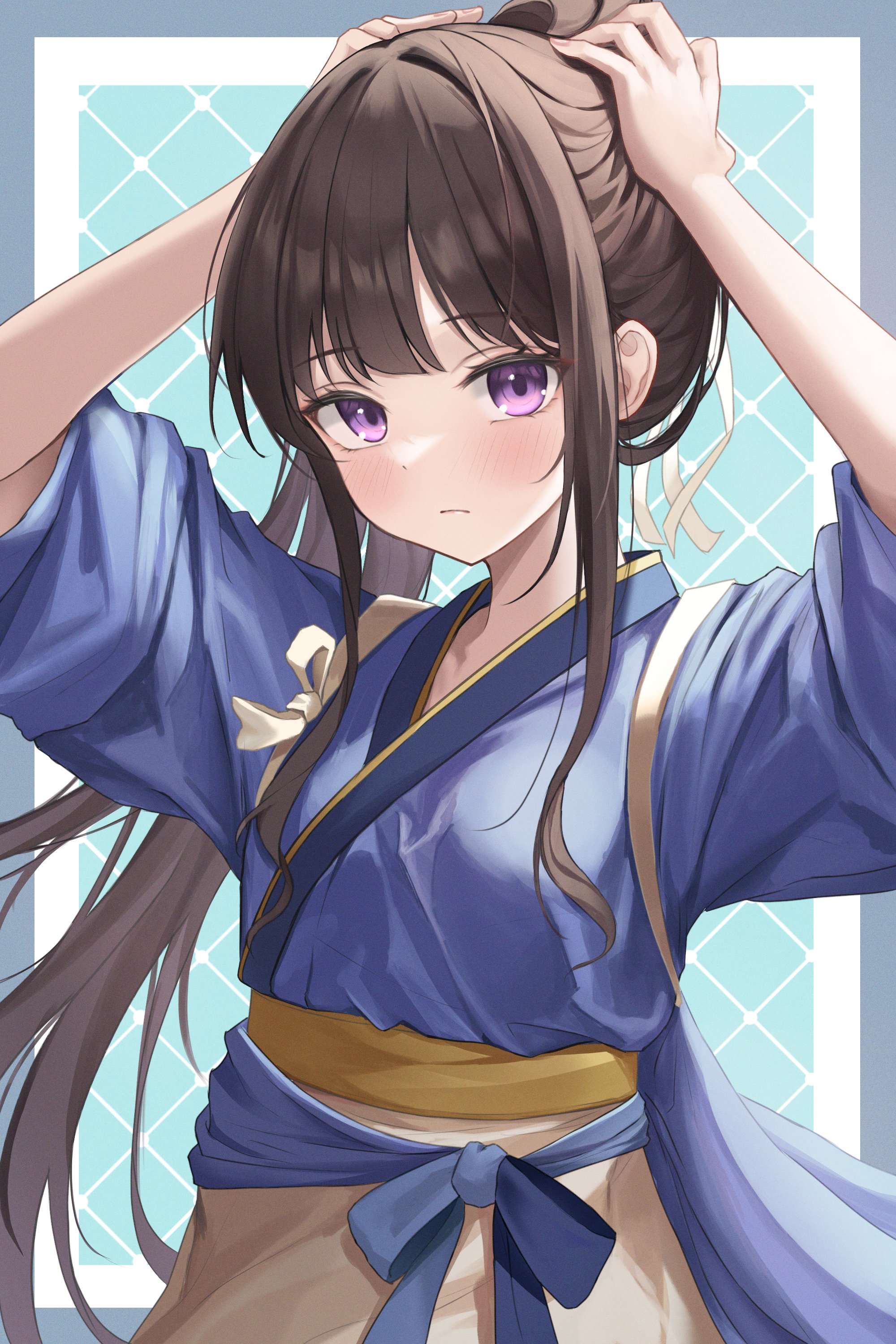 The Big ImageBoard (TBIB) - 1girl absurdres arms up bangs black hair blue kimono blush bow hair ...