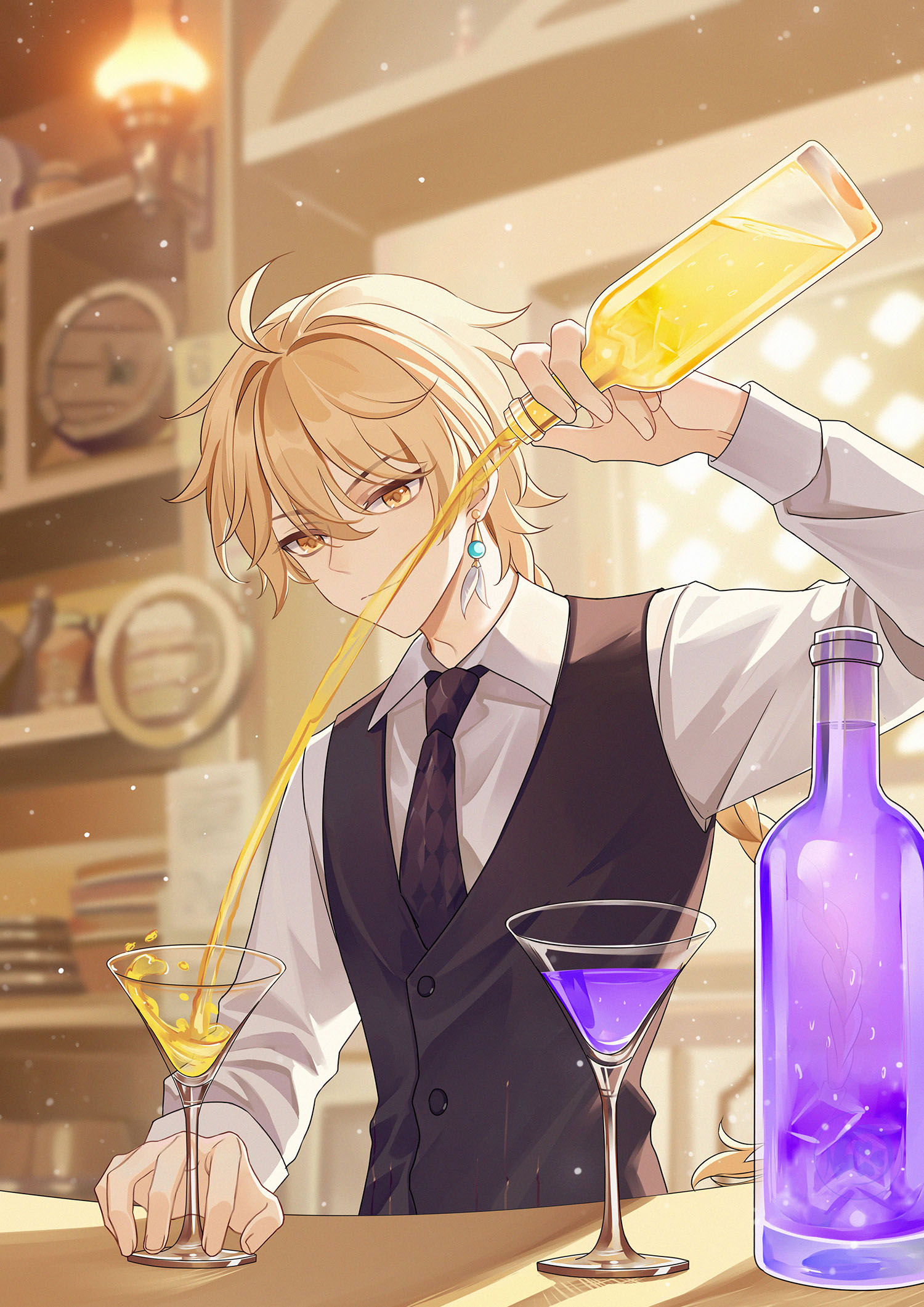 The Big ImageBoard (TBIB) - 1boy aether (genshin impact) bartender black necktie blonde hair ...