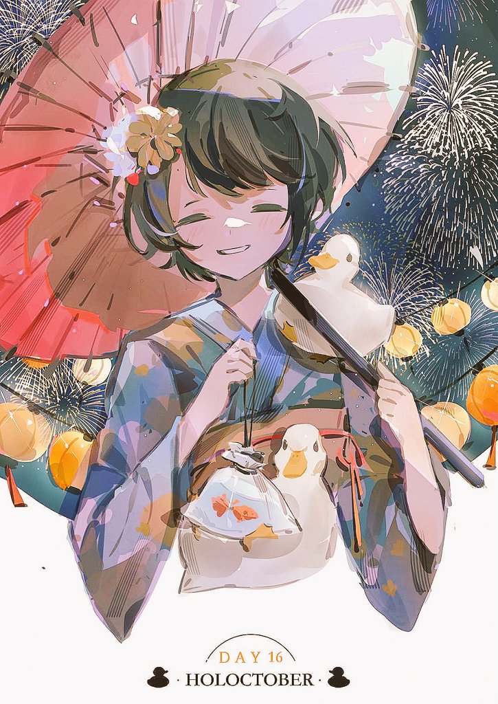 The Big ImageBoard (TBIB) - 1girl aerial fireworks bag bagged fish black hair blush closed eyes ...