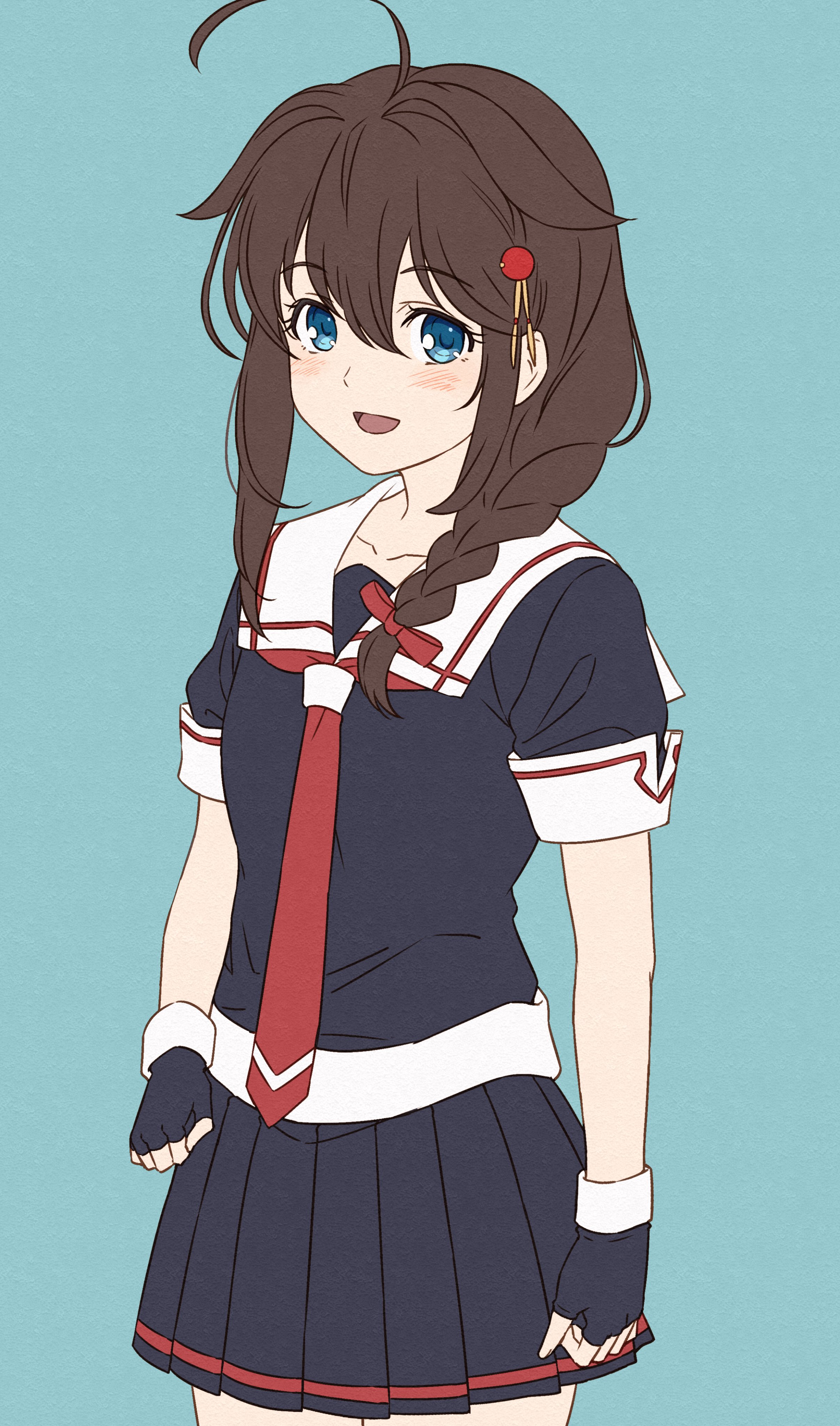 The Big ImageBoard (TBIB) - 1girl absurdres ahoge bangs black gloves black serafuku blue ...