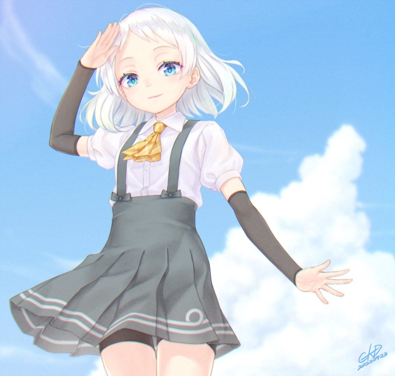 The Big ImageBoard (TBIB) - 1girl arm warmers ascot blue eyes closed mouth cloud collared shirt ...