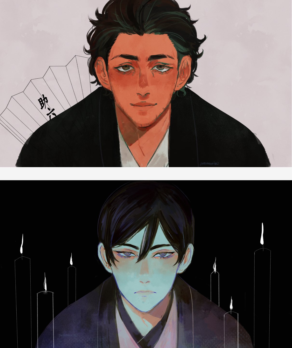 The Big ImageBoard (TBIB) - 2boys black background black eyes black hair candle facial hair ...