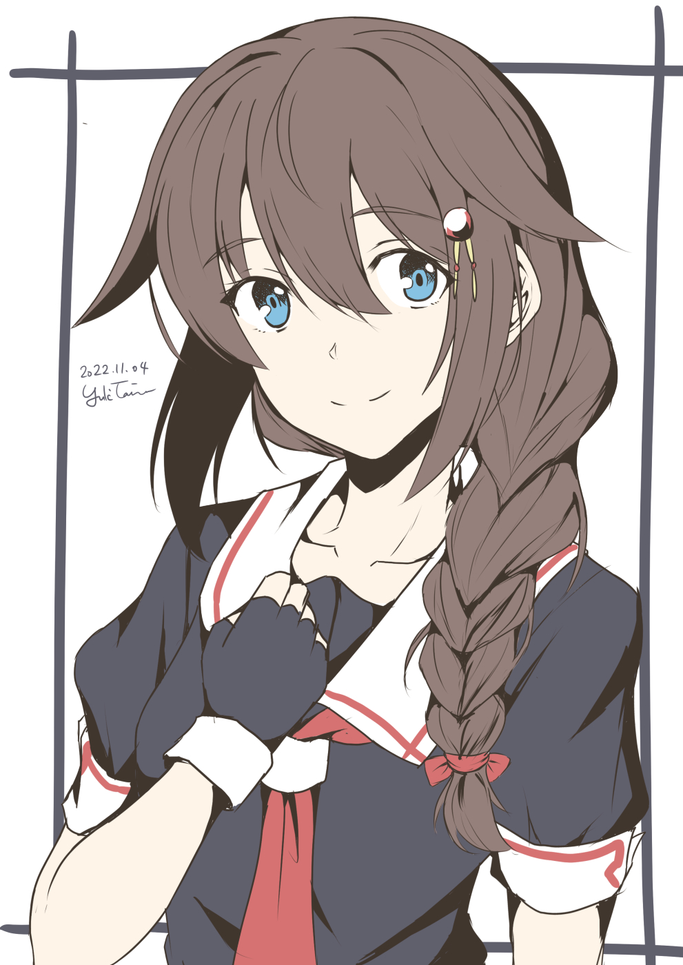 The Big ImageBoard (TBIB) - 1girl ahoge black gloves black serafuku black shirt blue eyes braid ...