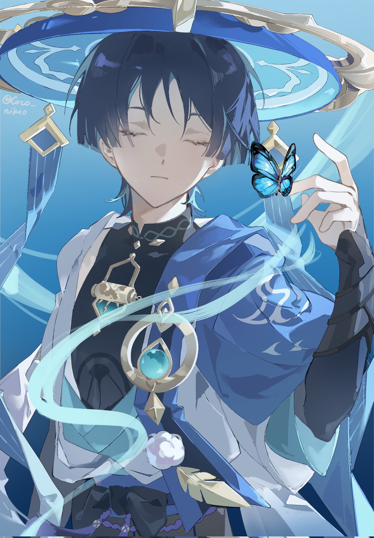 The Big ImageBoard (TBIB) - 1boy armor bishounen black shirt blue background blue butterfly blue ...