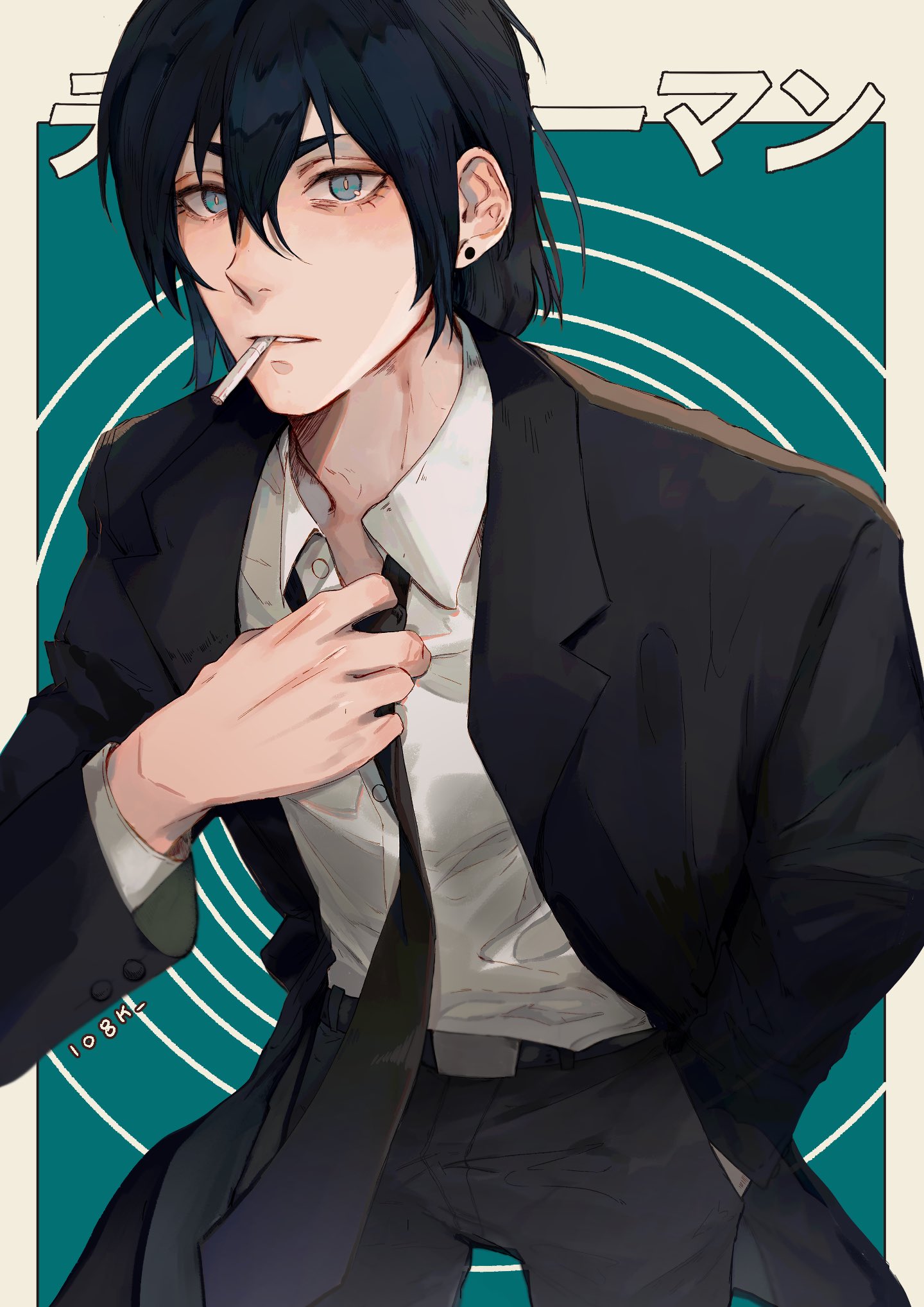 The Big ImageBoard (TBIB) - 1boy 1o8k adjusting clothes adjusting necktie aqua background belt ...