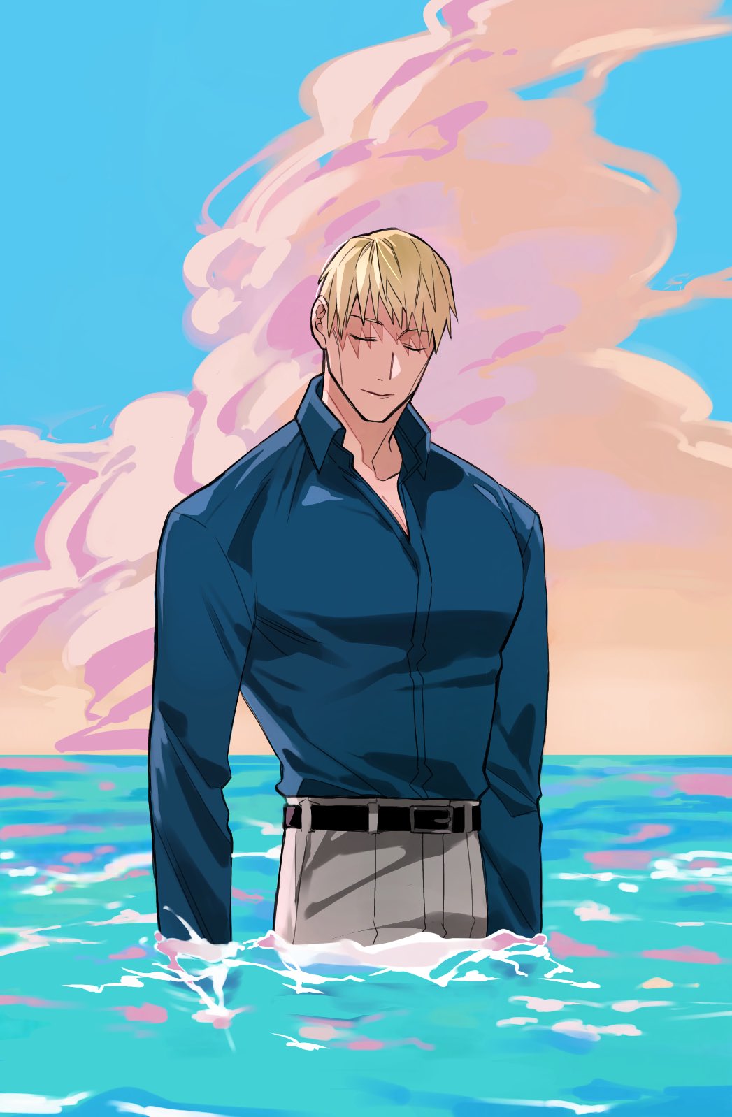 The Big ImageBoard (TBIB) - 1boy belt black belt blonde hair blue shirt blue sky closed eyes ...