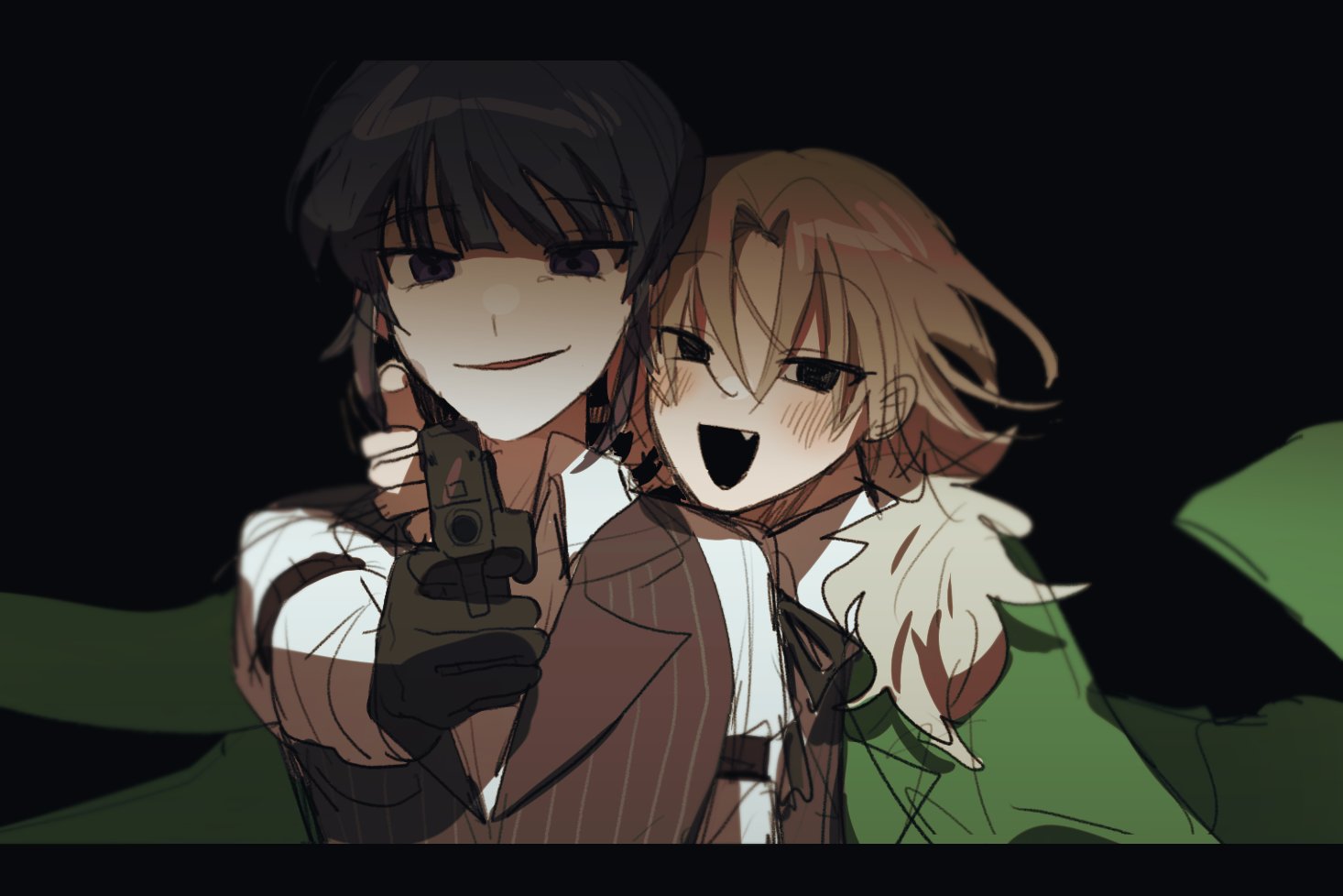 The Big ImageBoard (TBIB) - 2boys black background black eyes black hair black vest brown hair ...