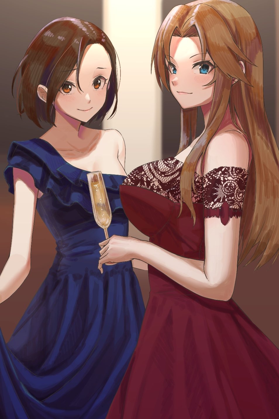 The Big ImageBoard (TBIB) - 2girls blue dress blush breasts brown hair champagne flute ...