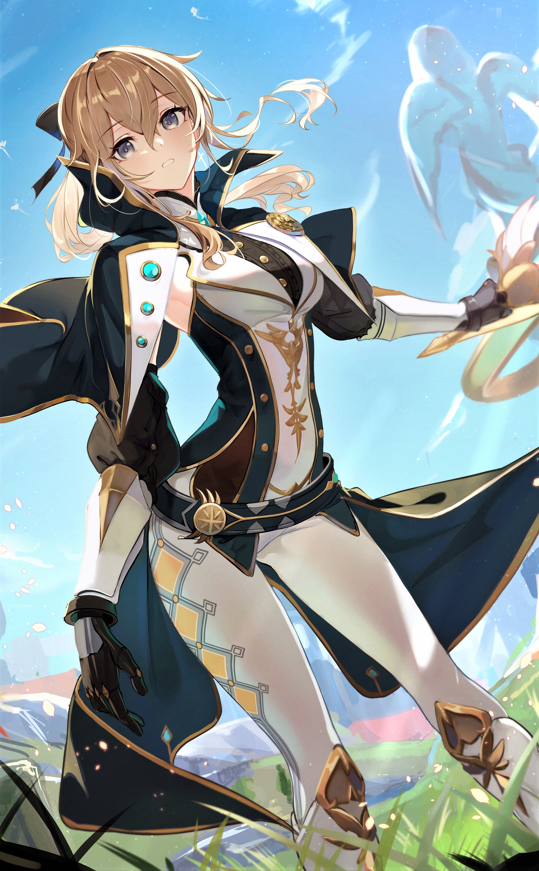 The Big ImageBoard (TBIB) - 1girl absurdres bangs black bow black gloves blonde hair blue ...