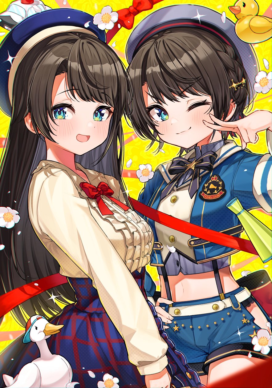 The Big ImageBoard (TBIB) - 2girls :d >:) alternate hairstyle beret bird black hair blue ...